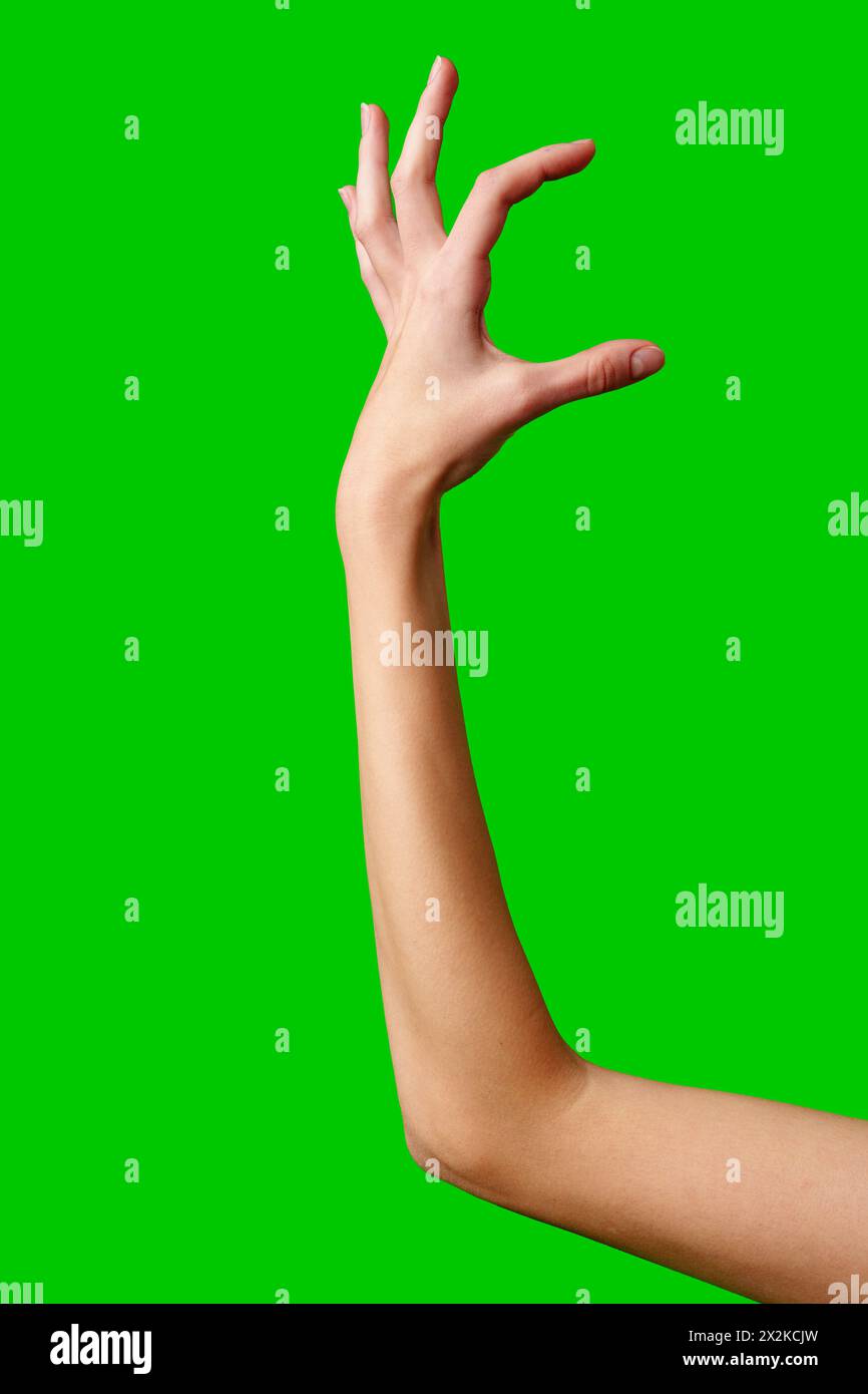 A womans hand extends upward into the air, fingers outstretched ...