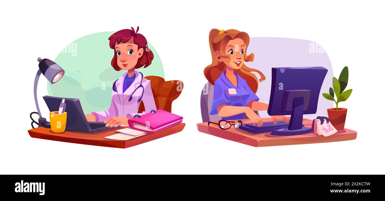 Female doctor and nurse working on computer isolated on white ...