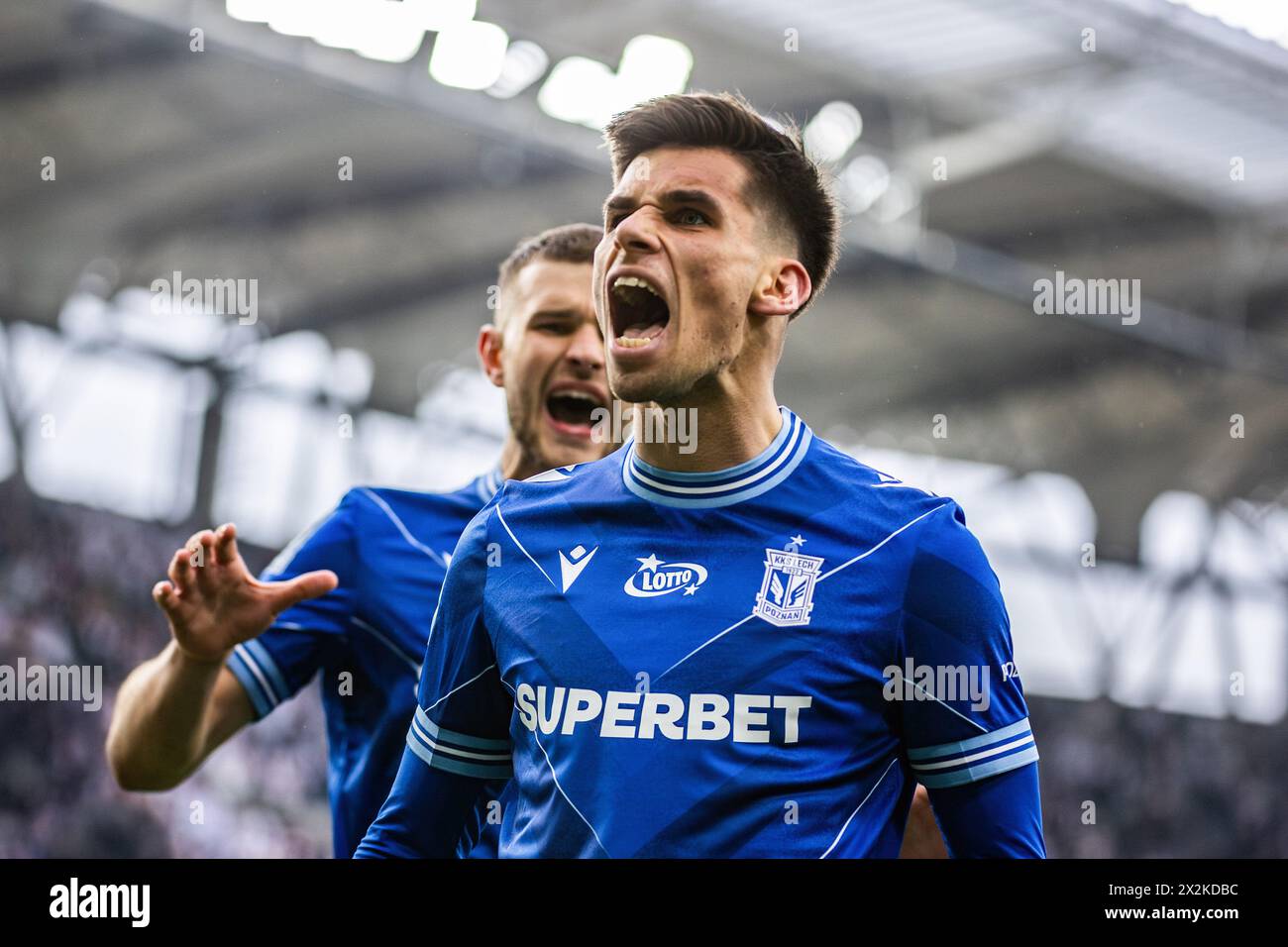 Lodz, Poland. 21st Apr, 2024. Filip Marchwinski of Lech celebrates a ...