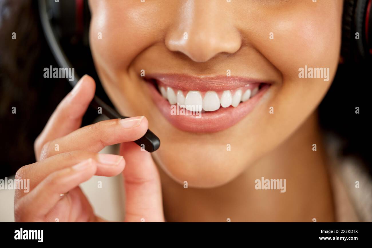 Mouth, smile and person with mic at call center, communication and ...
