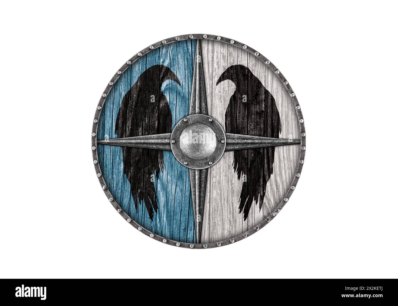 Old wooden round shield decorated with painted birds isolated on white ...