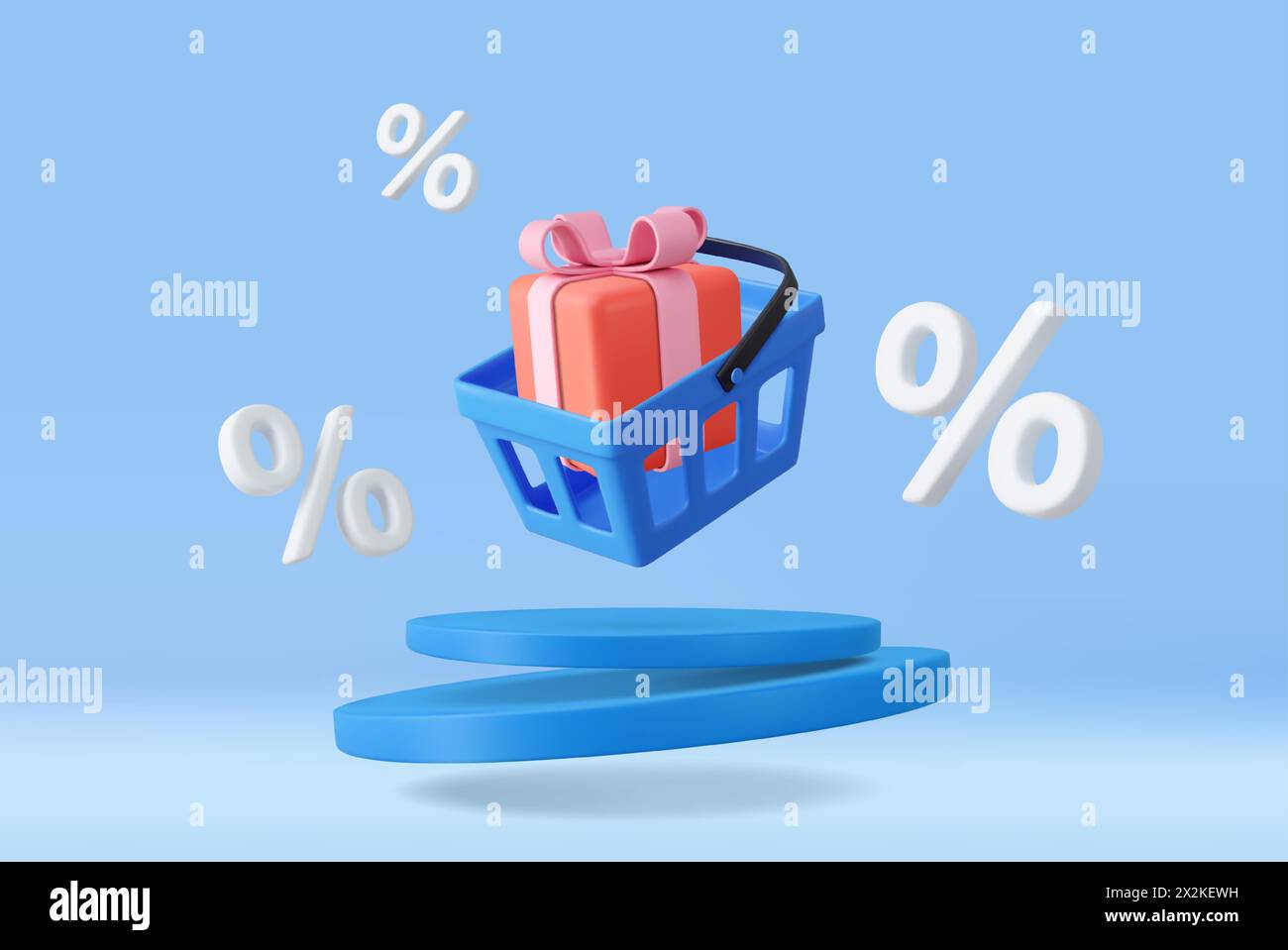 3d shopping basket with percentages. Shopping cart with gift box. Promo ...