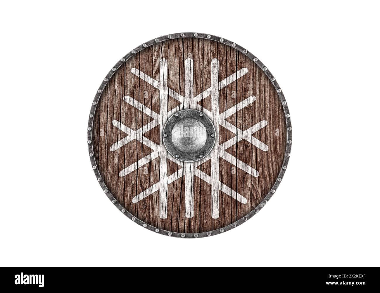 Old wooden round shield decorated with norse symbol of web of wyrd also ...