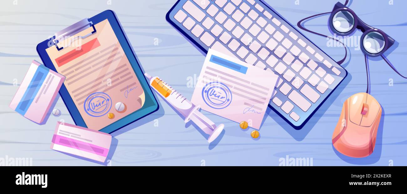 Medical office doctor desk with computer top view. Health document ...