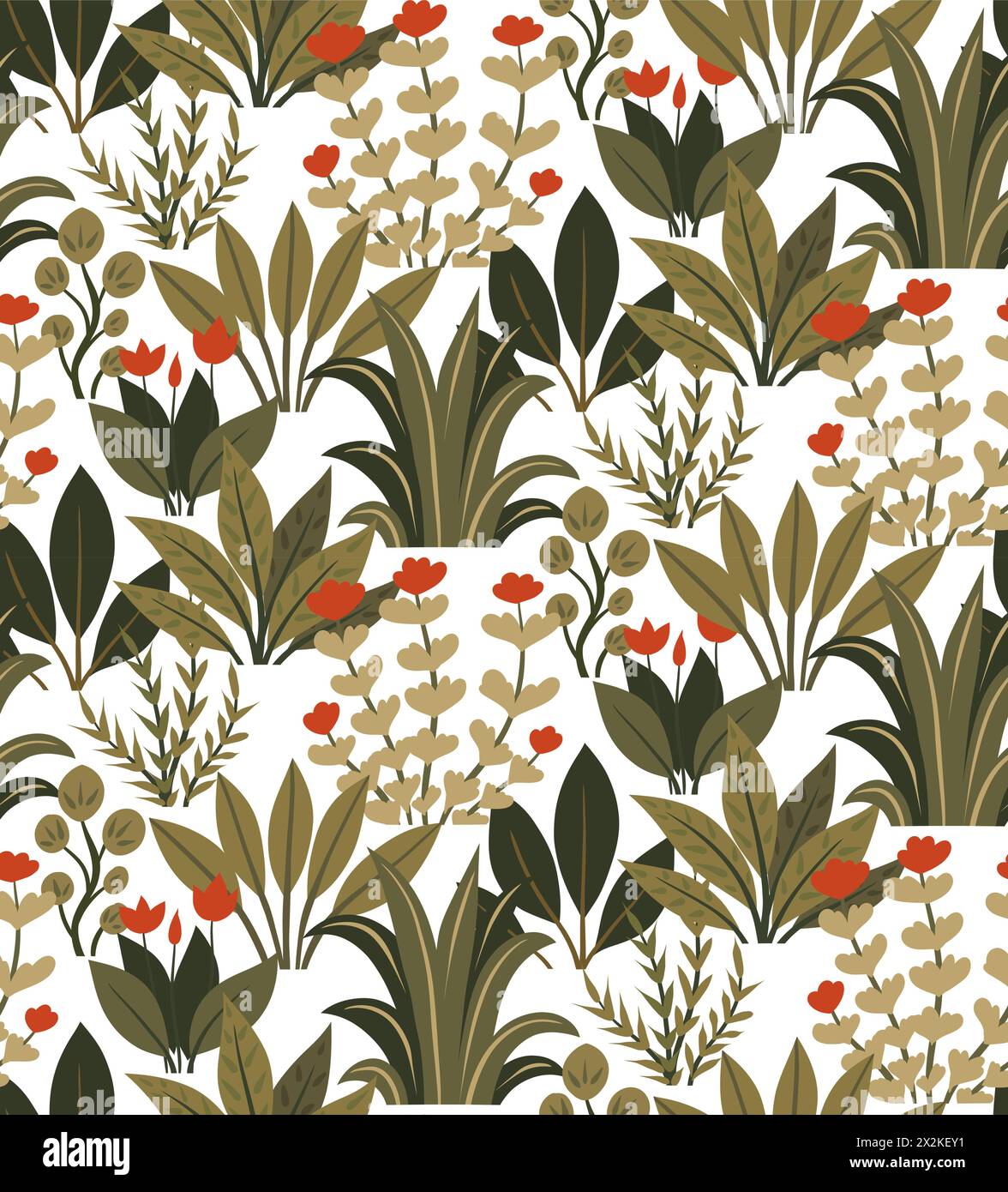 Vector surface design with flat hand drawn plants with flowers on white ...