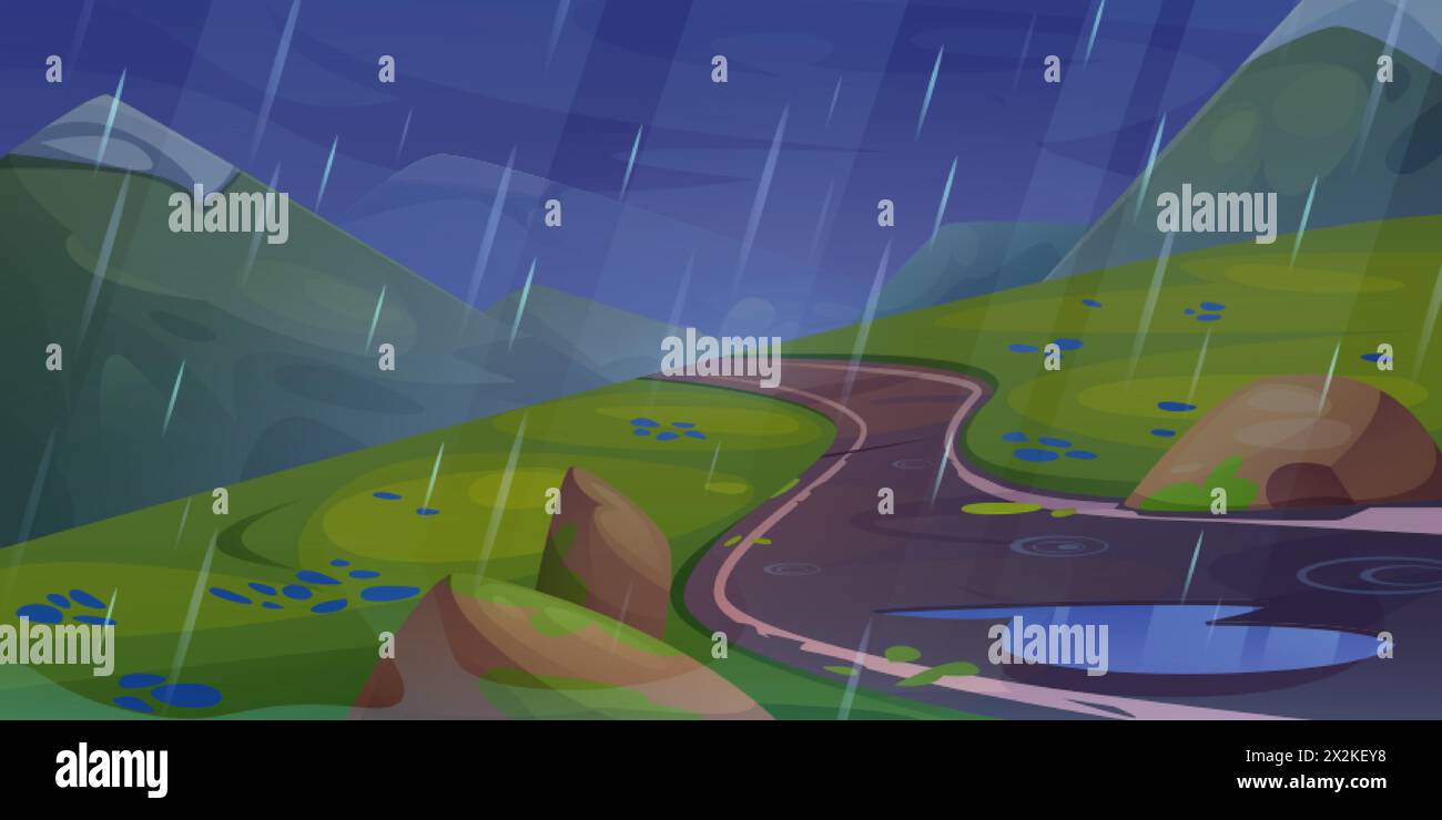 Rainy mountain road scene and water puddle cartoon landscape. Outside ...