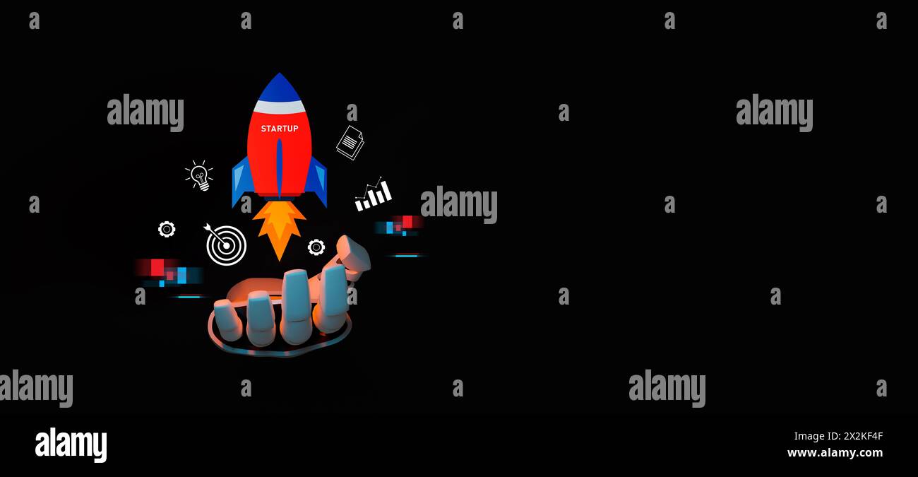 hand robot holding icons about business and investment, Rocketing take ... hand robot holding icons about business and investment, Rocketing take ...