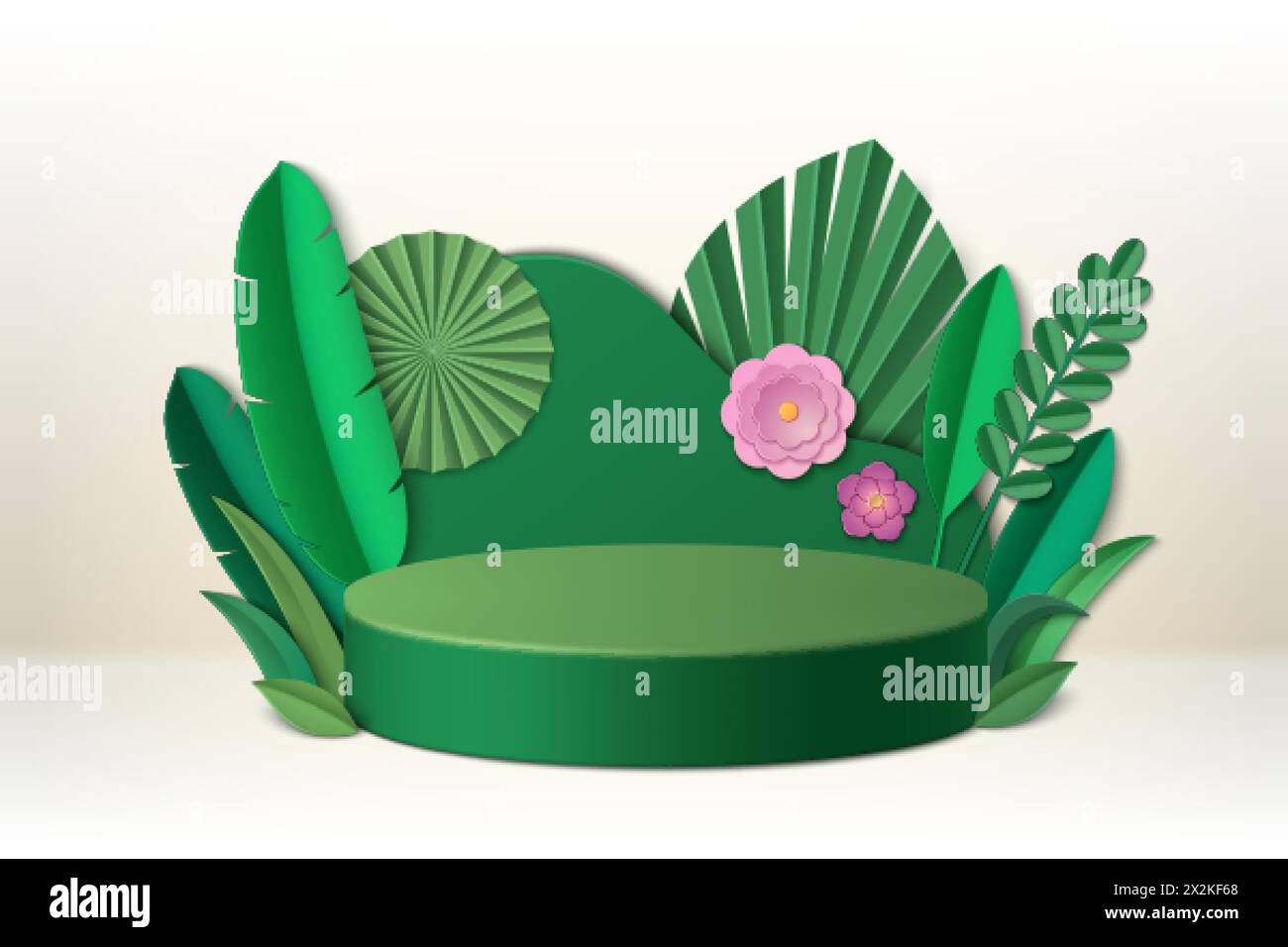 3d green product podium with paper cut leaves and flower. Realistic ...