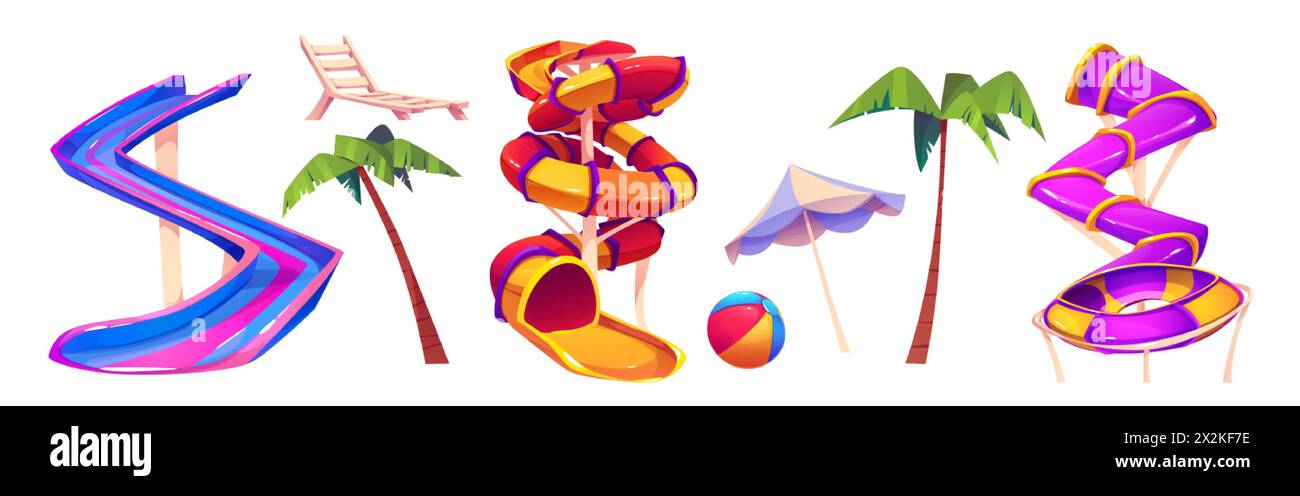 Aqua park slides set isolated on white background. Vector cartoon ...