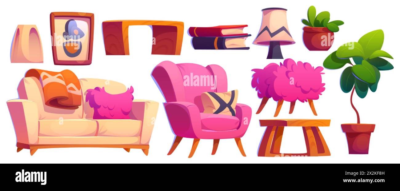 Living room interior furniture and decorative elements in bright pink ...