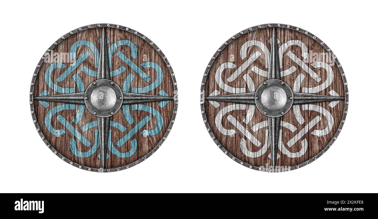 Old decorated wooden round shield isolated on white background Stock ...