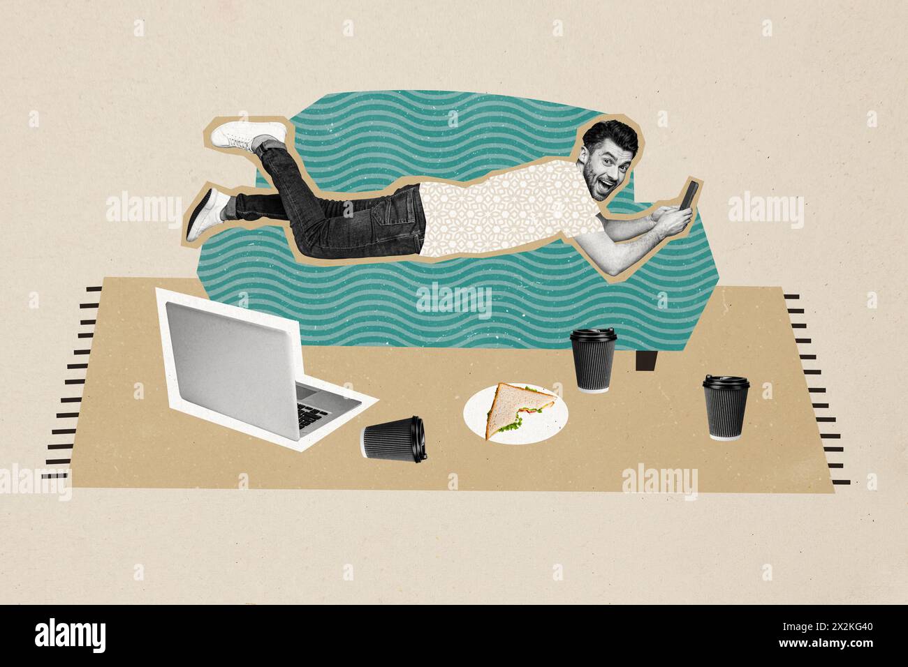 Composite photo collage of young lazy guy lie sofa hold iphone mess ...
