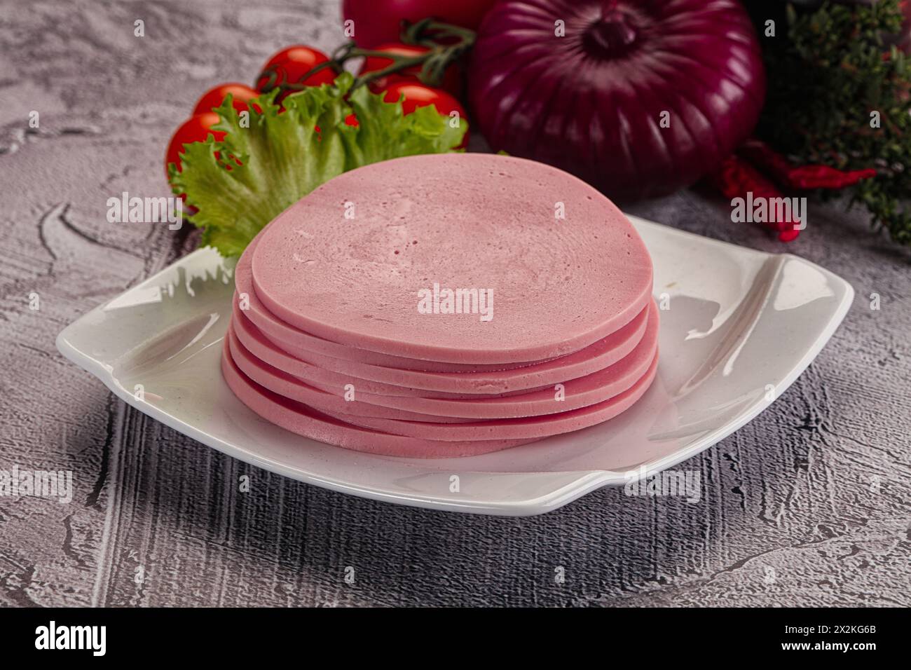 Boiled pork sliced sausage stack for breakfast Stock Photo - Alamy