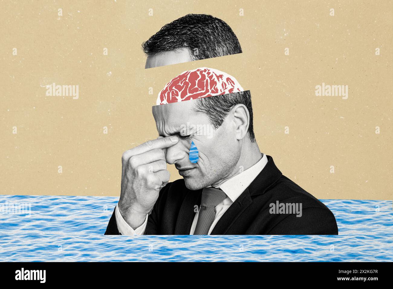 Composite photo collage of upset young guy cry tear drop water ocean ...