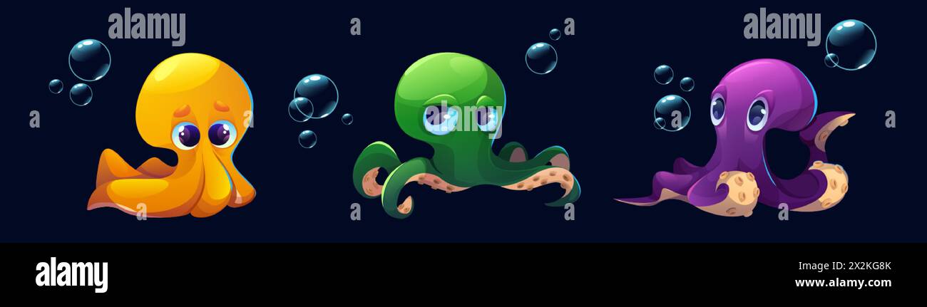 Octopus characters set isolated on black background. Vector cartoon ...