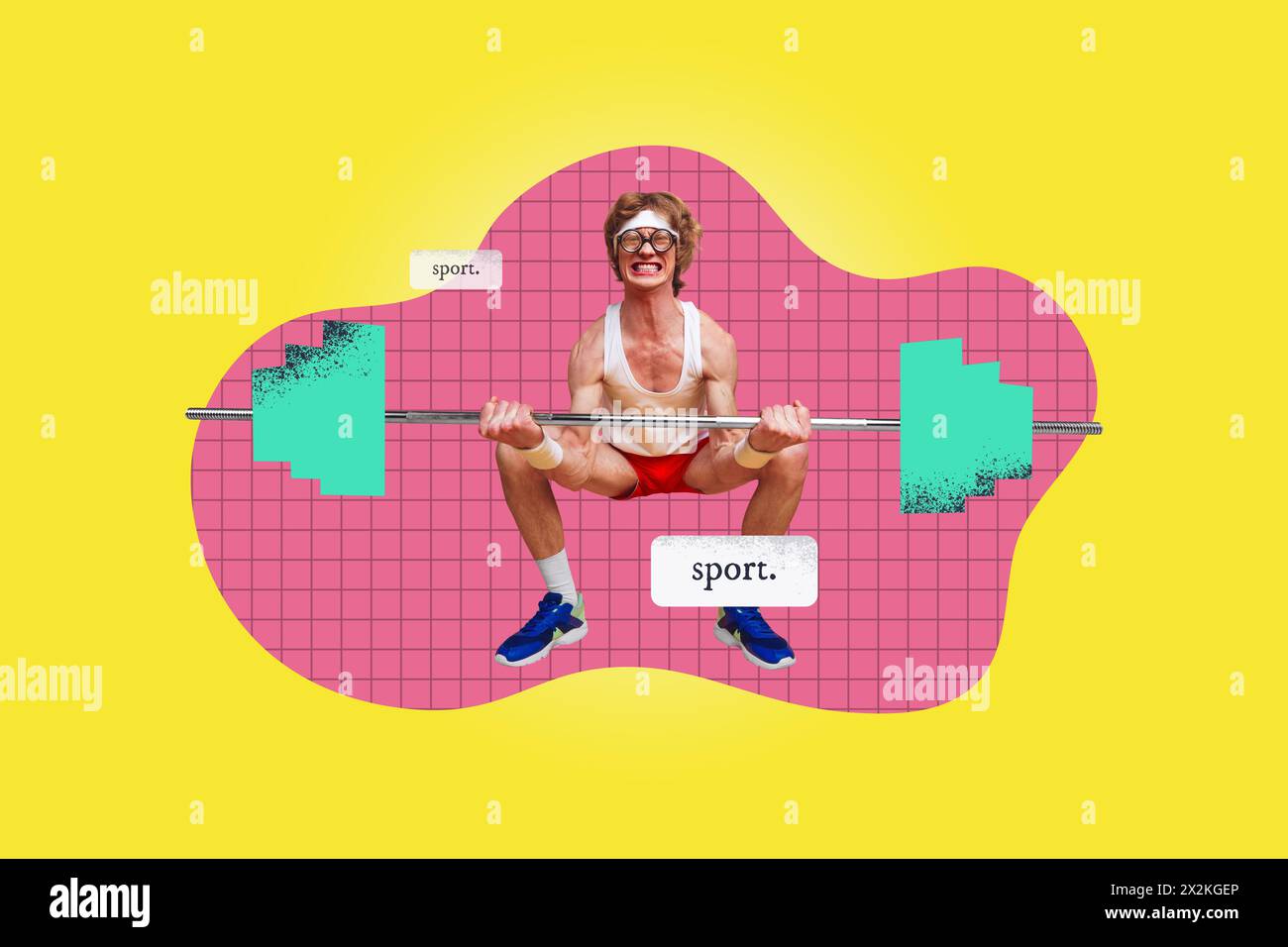 Sketch image composite artwork collage of weak guy lift barbell do work ...