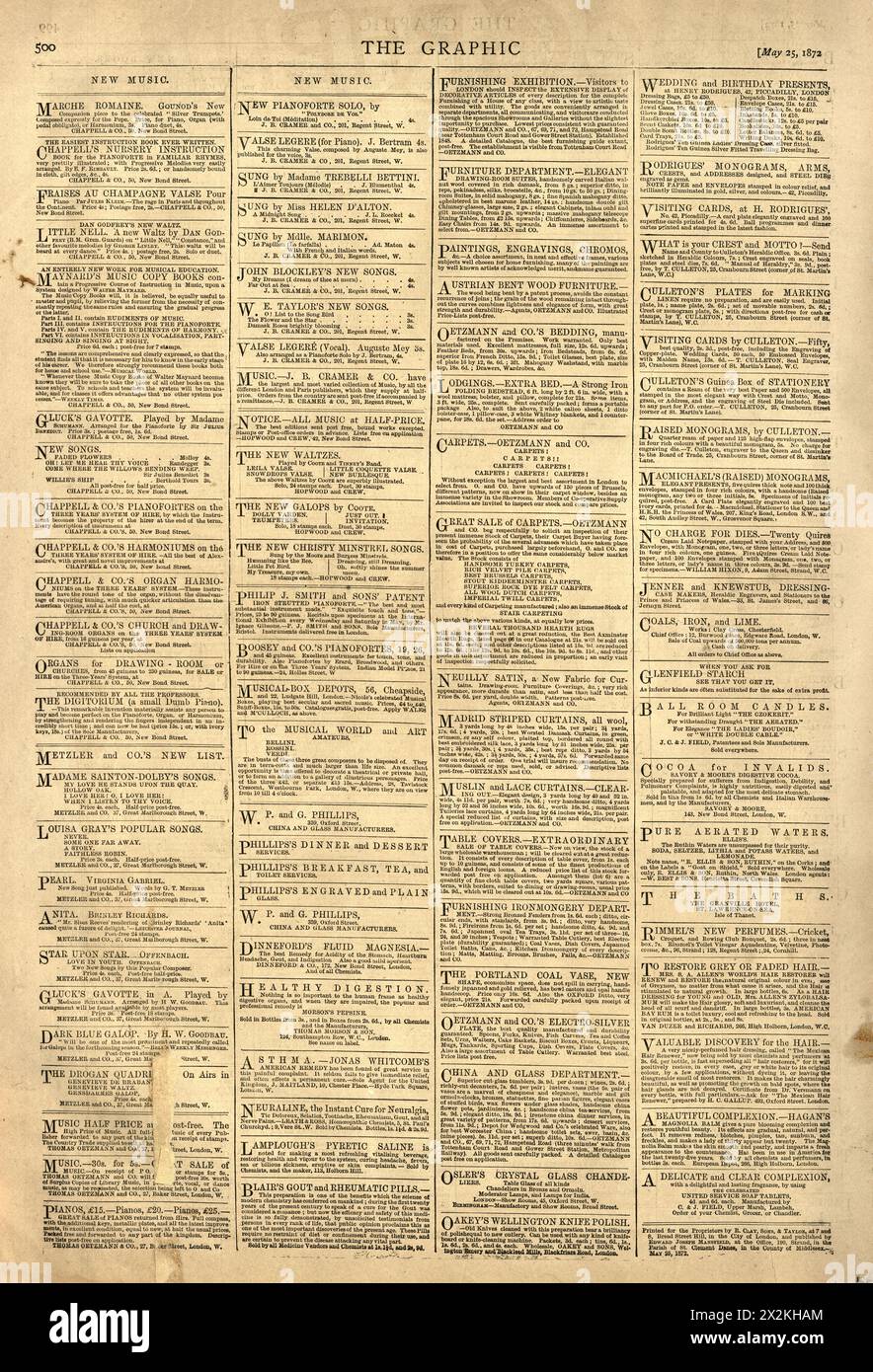 Old Victorian newspaper page, The Graphic 1872, Adverts and notices ...