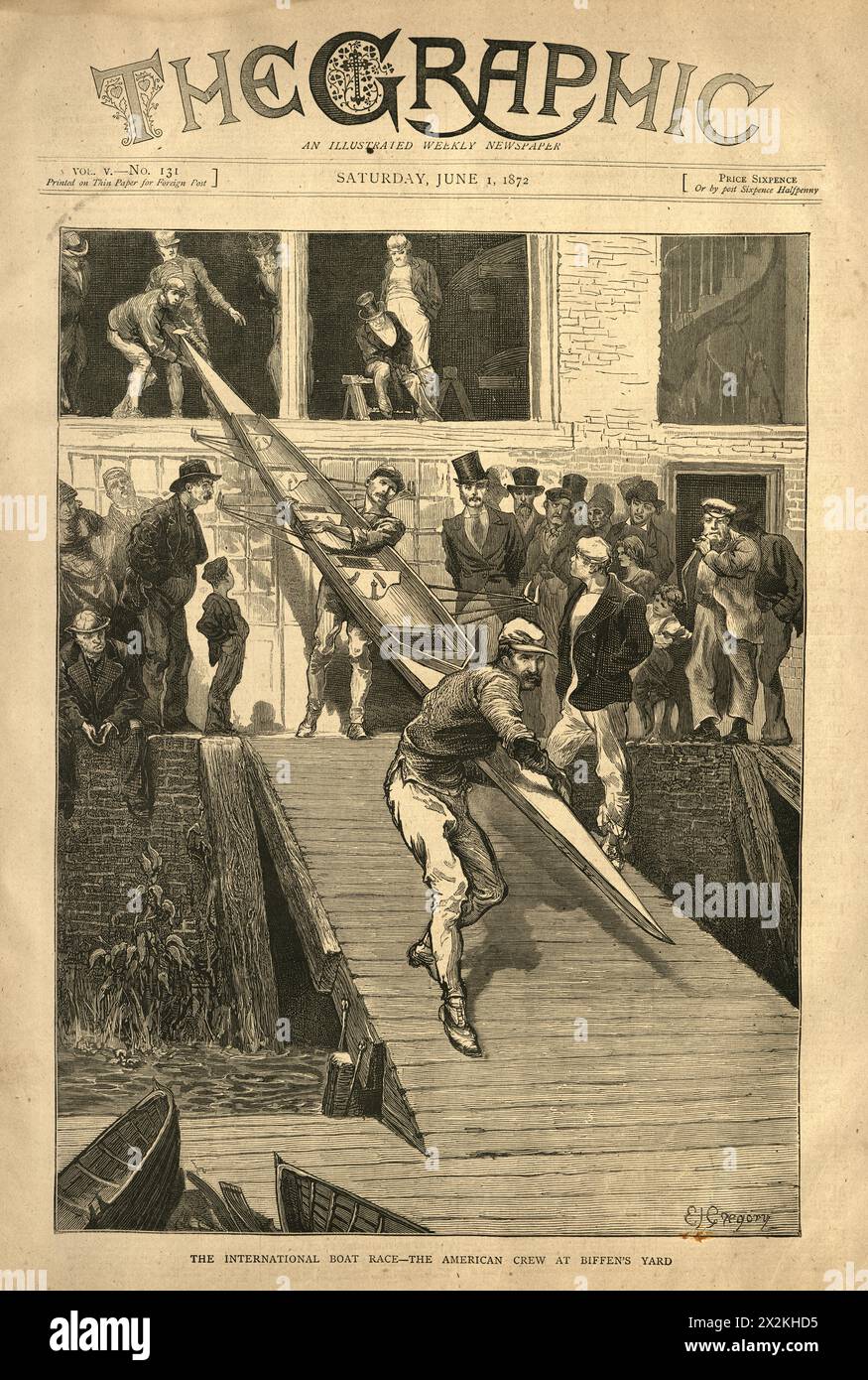 International boat race, American crew at Biffen's Yard, Old Victorian ...