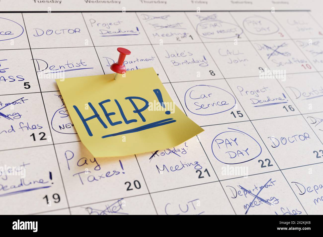 Very busy calendar with many notes and sticky note with help. 3D ...