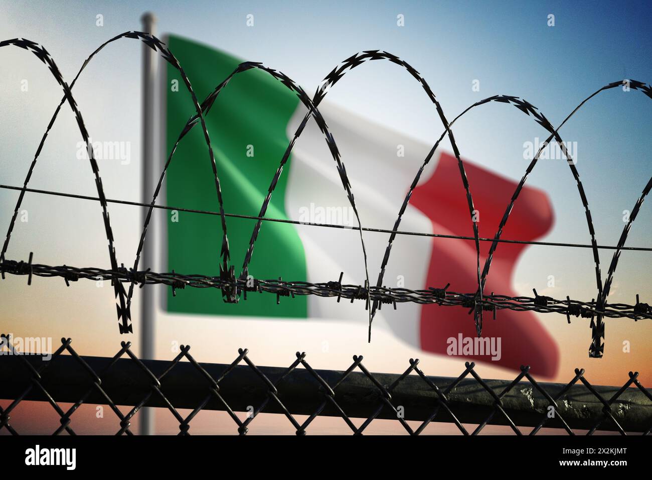 Italian flag behind barbed wire fence. Illegal immigration and security ...