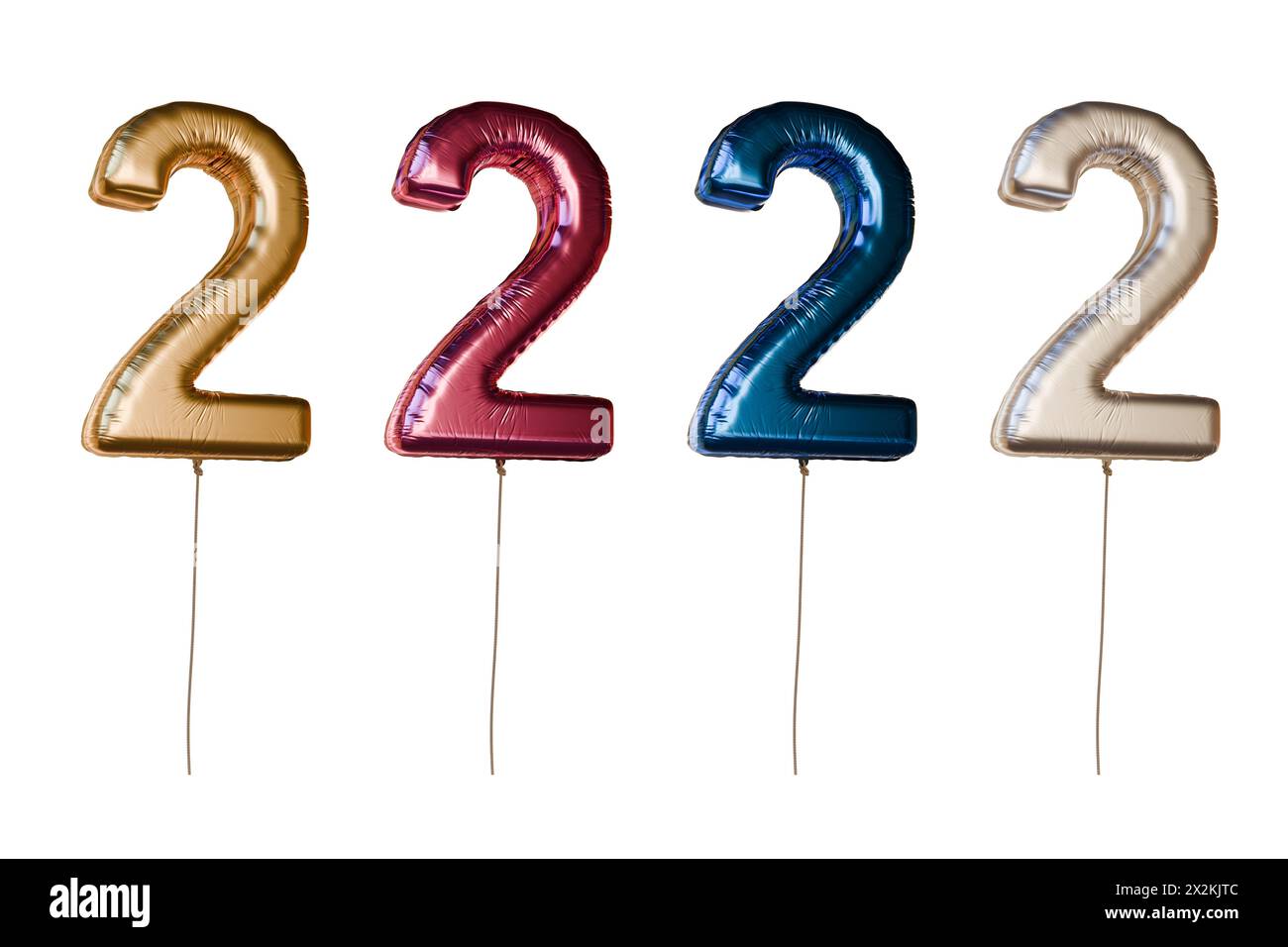 Number two shaped foil balloons in different colors. Isolated on white ...