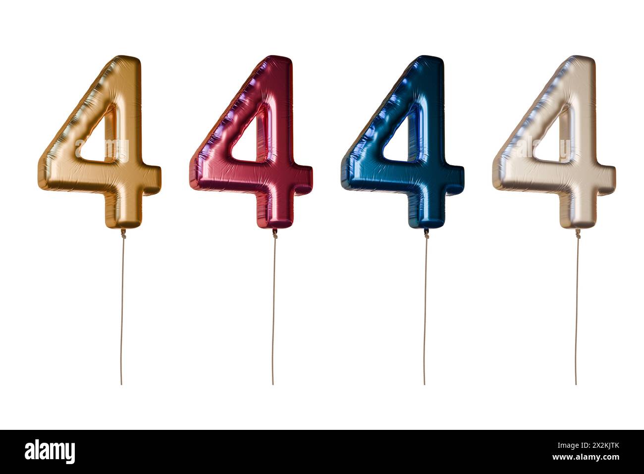 Number four shaped foil balloons in different colors. Isolated on white ...