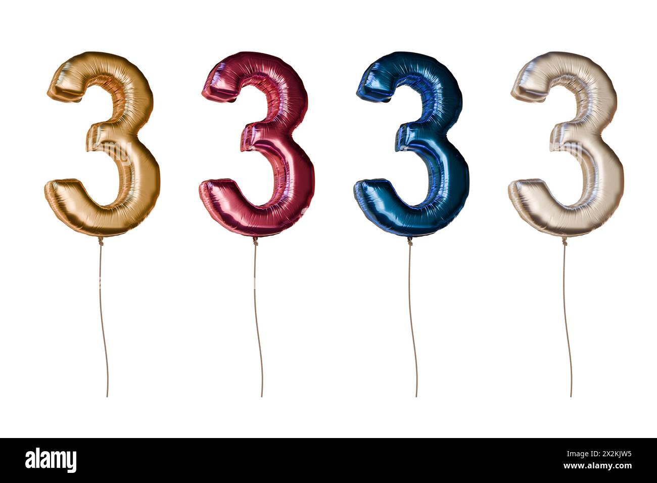Number three shaped foil balloons in different colors. Isolated on ...