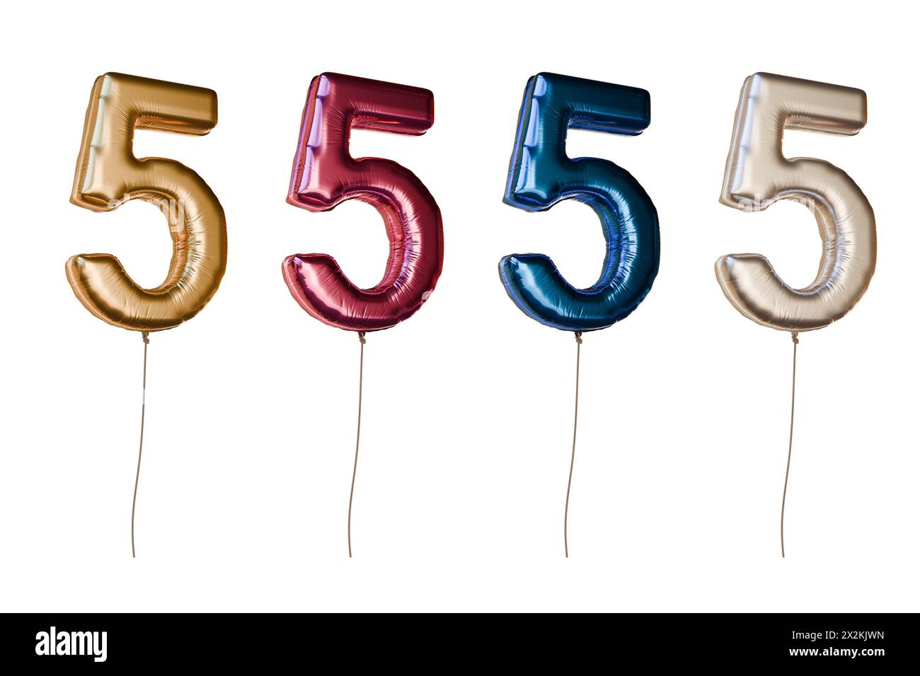 Number five shaped foil balloons in different colors. Isolated on white ...