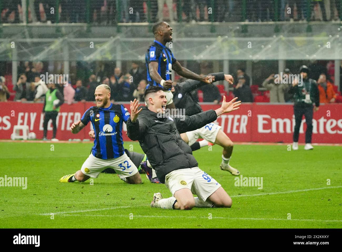 Milan, Italy. 22nd Apr, 2024. Alessandro Bastoni (FC Inter) celebrates ...