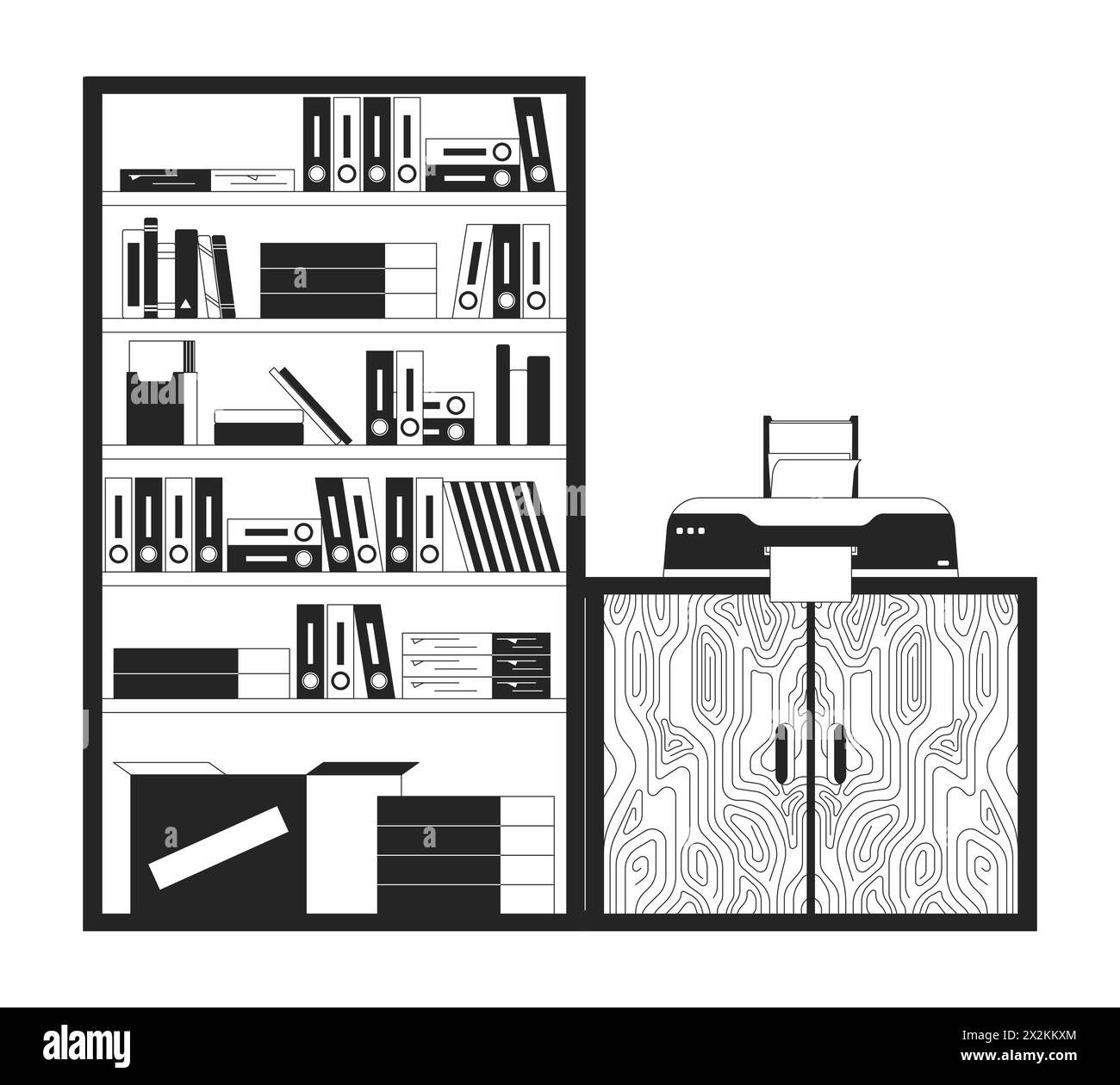 Bookcase and cabinet with printer black and white 2D line cartoon ...