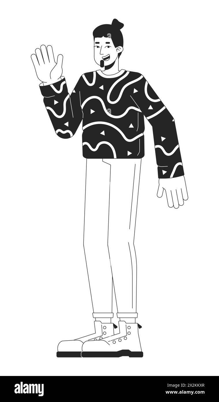 Goodbye waving man in autumn outfit black and white 2D line cartoon character Stock Vector Image ...