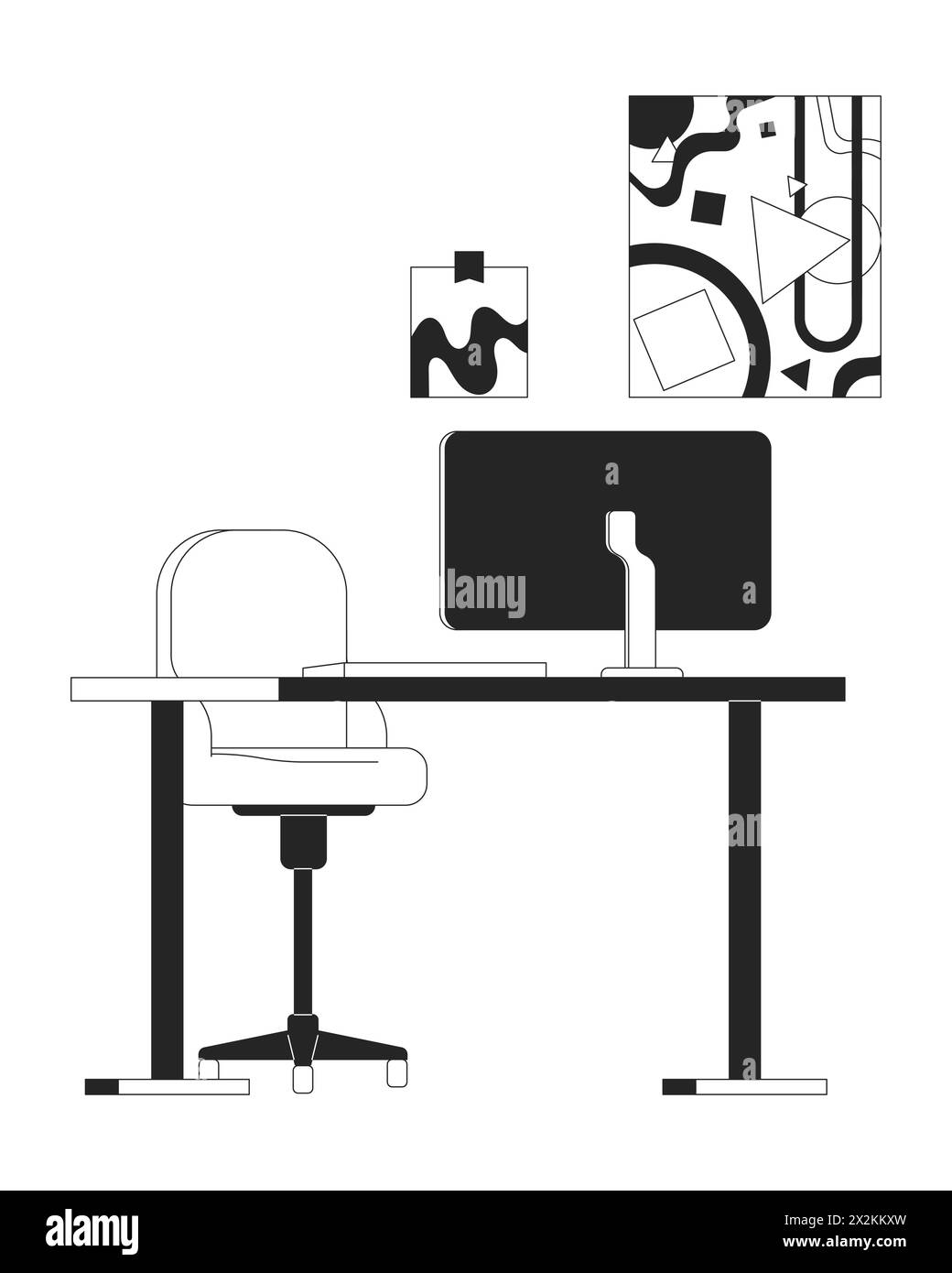 Freelancer Workplace With Computer Monitor Black And White 2d Line Cartoon Object Stock Vector