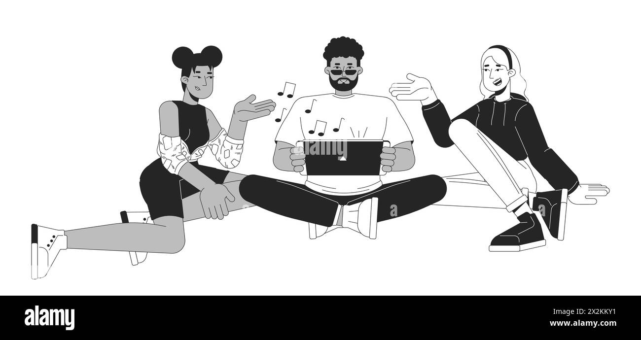 Friends playing videogame together black and white 2D line cartoon ...