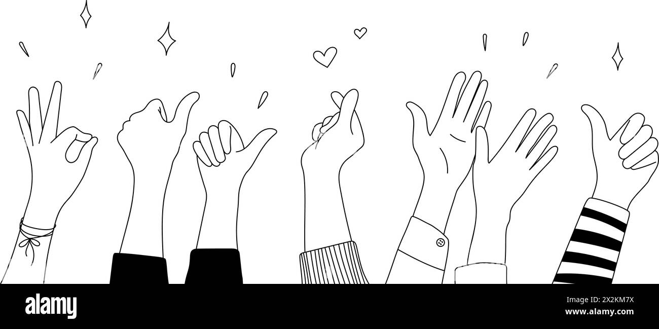 Doodle sketch hands up gestures comic icons silhouettes vector set ...