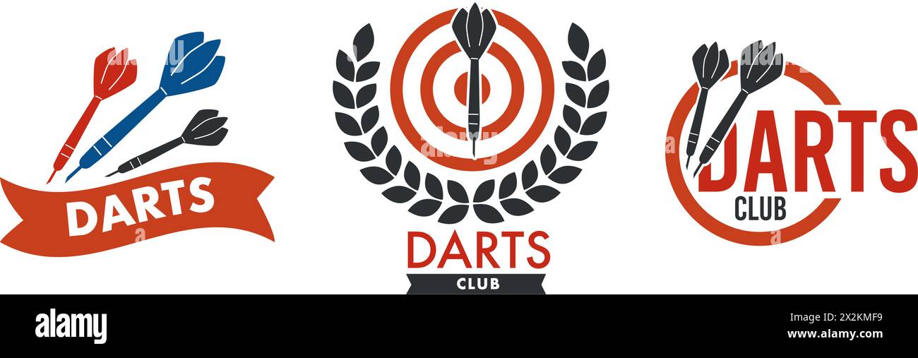 Three darts club logos with targets and laurel wreaths, vector ...