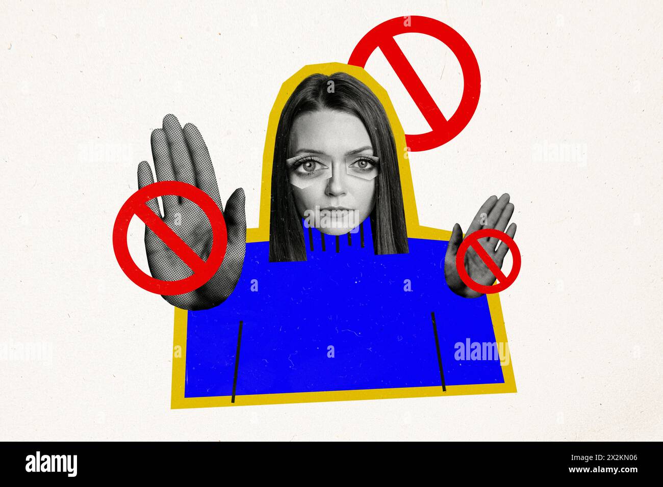 Collage image artwork of sad upset woman showing hands stop sign no ...