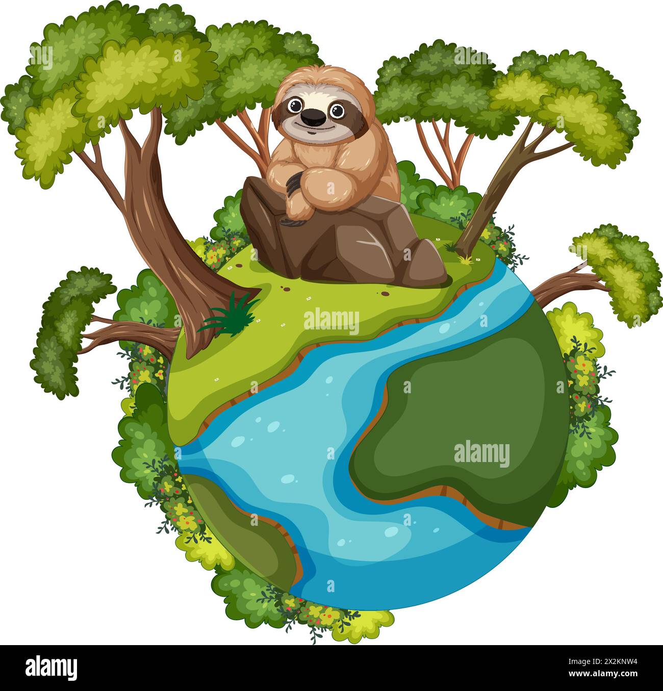 Cute sloth sitting on a tree over Earth Stock Vector Image & Art - Alamy