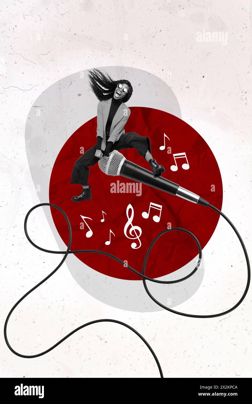 Vertical photo collage of happy american girl dance sound listen music ...