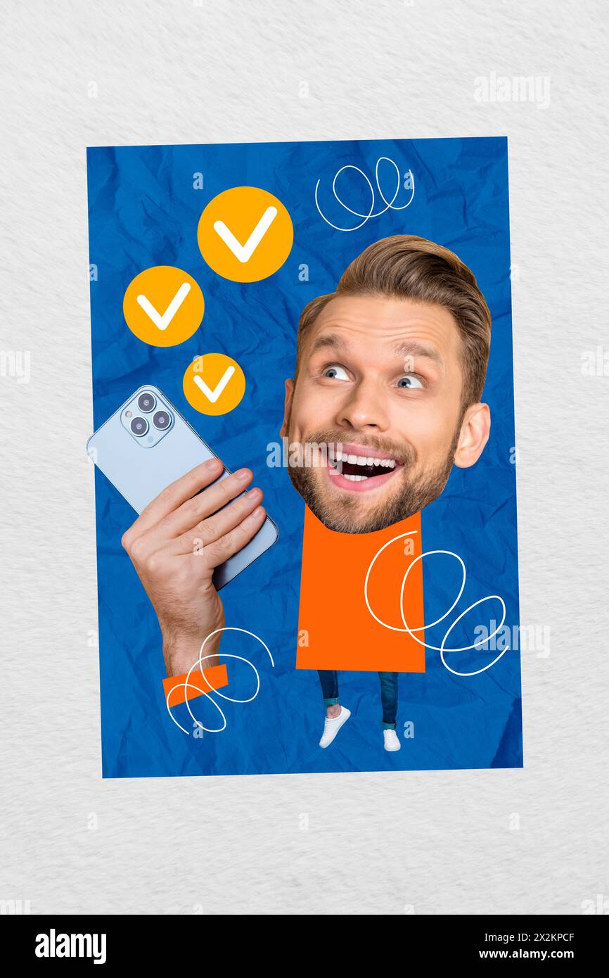 Vertical photo collage of happy handsome man hold new iphone amazed ...