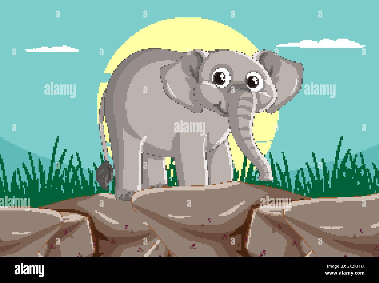 Cartoon elephant standing on grassy terrain Stock Vector Image & Art ...