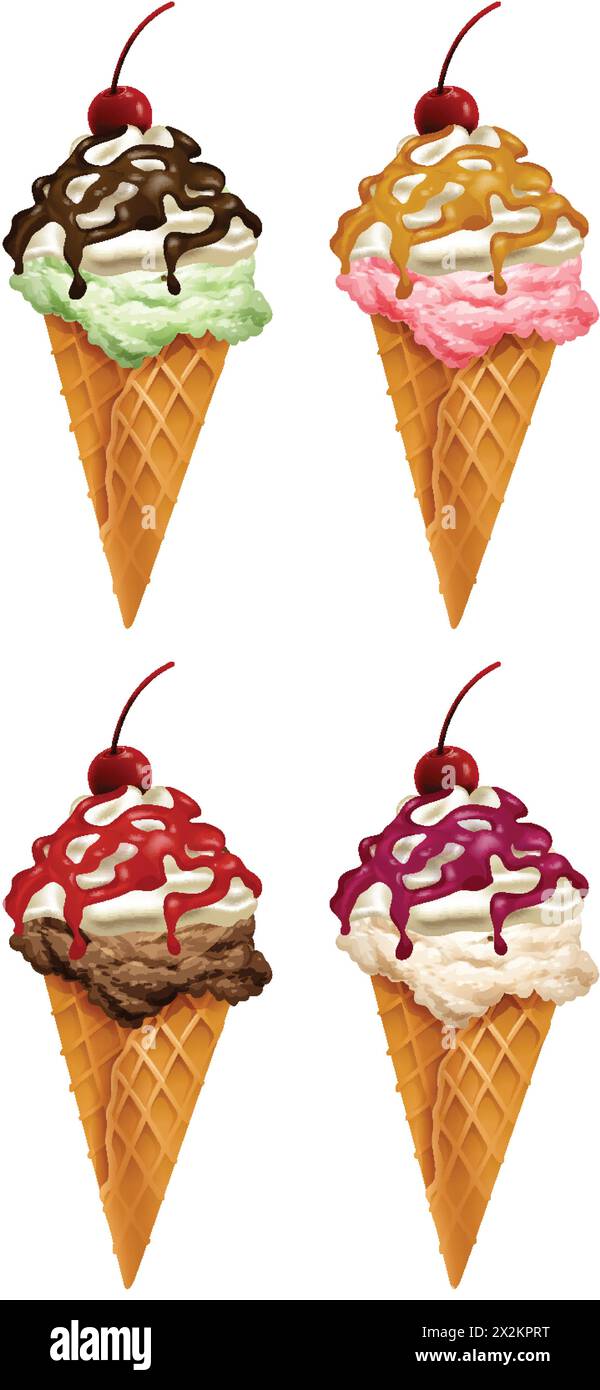 Four colorful ice cream cones with different syrups Stock Vector Image ...