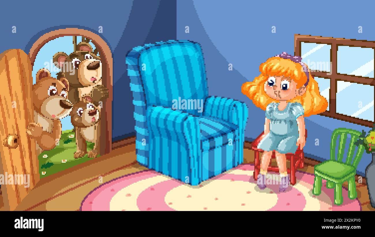 Cartoon girl startled by three bears entering room Stock Vector Image ...
