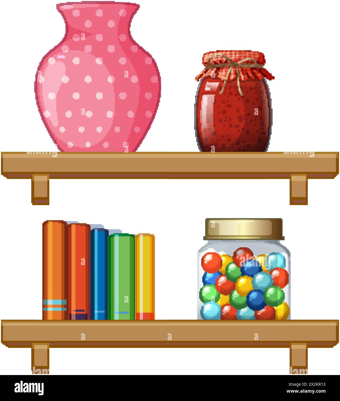 Vector illustration of decorative and edible items on shelves Stock ...