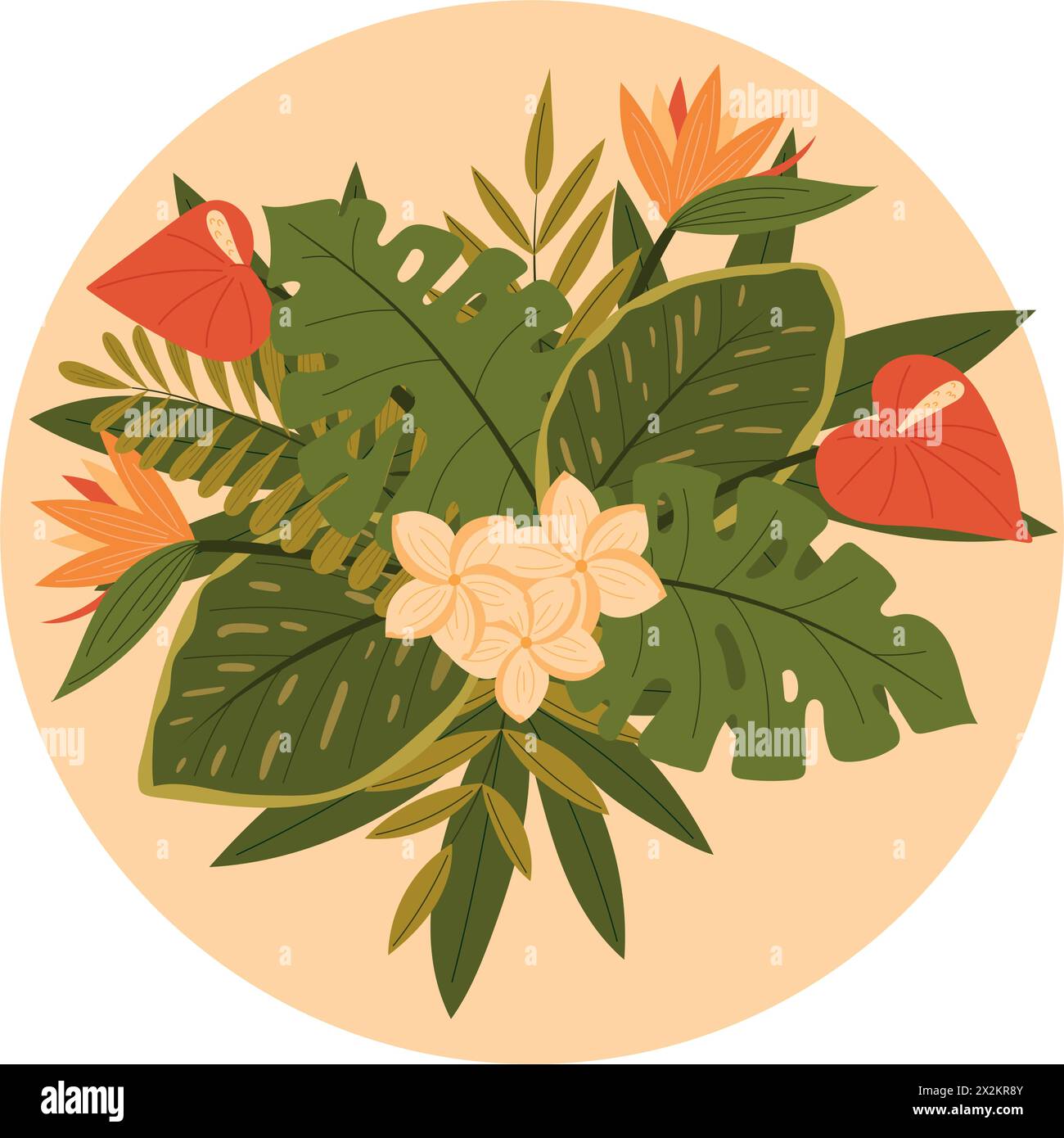 Tropical round composition with green leaves of palm, ficus, monstera ...