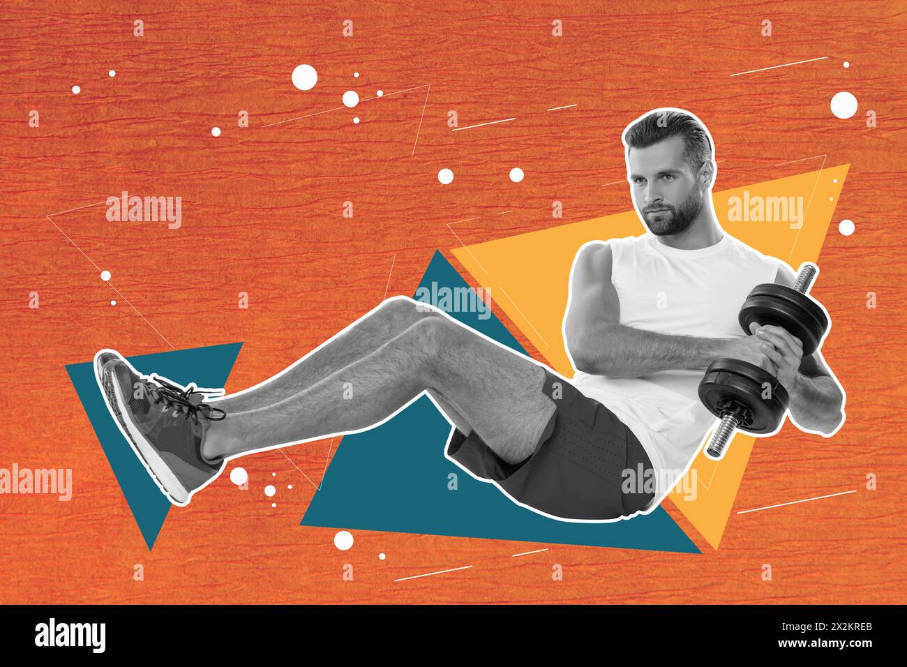 Creative collage picture young sporty concentrated man athlete dumbbell ...