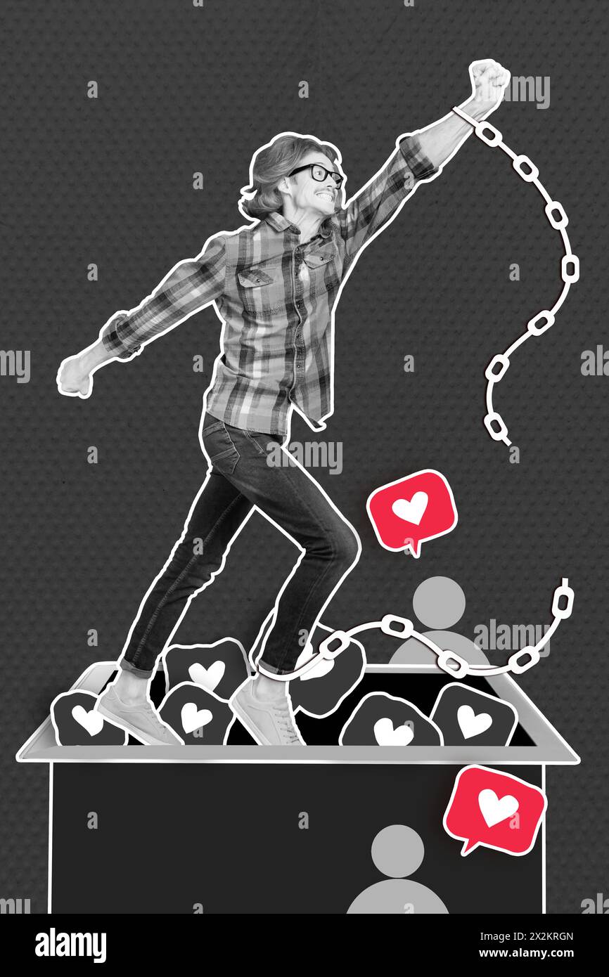 Vertical creative collage picture young cheerful man superhero rise ...