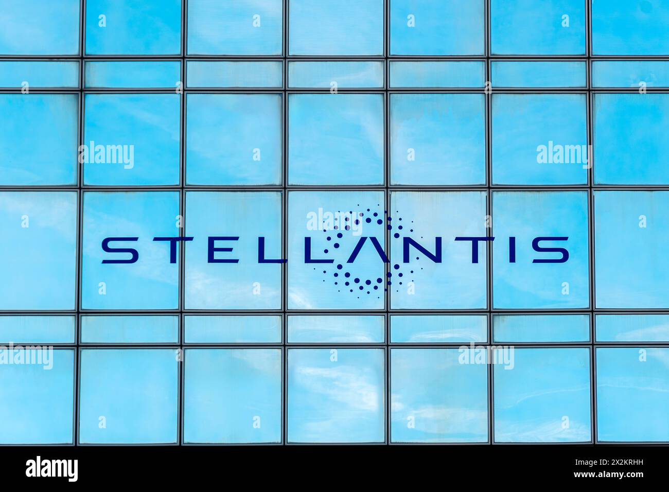 Sign and logo on the French headquarters of Stellantis in Poissy ...