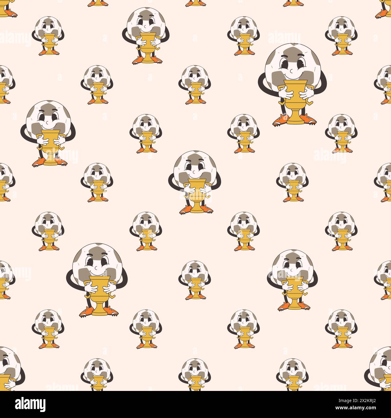 Soccer ball character with cup seamless pattern. Football winner retro ...