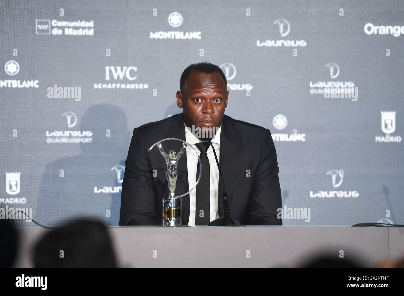 Madrid, Spain. 22nd Apr, 2024. Jamaican sprinter Usain Bolt reacts ...