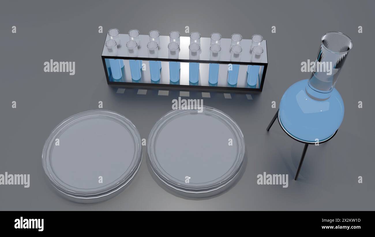 3d rendering of laboratory glass ware; test tubes, petri dish, and ...